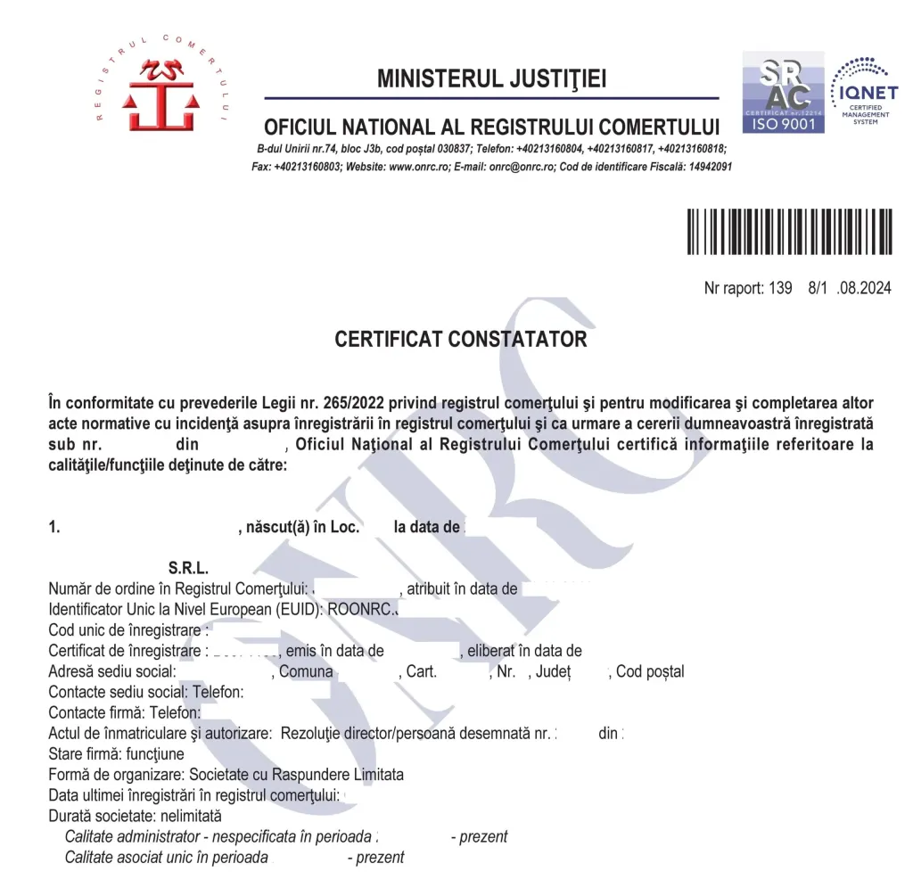 Certificat Constatator Persoană Fizică pe CNP la ONRC